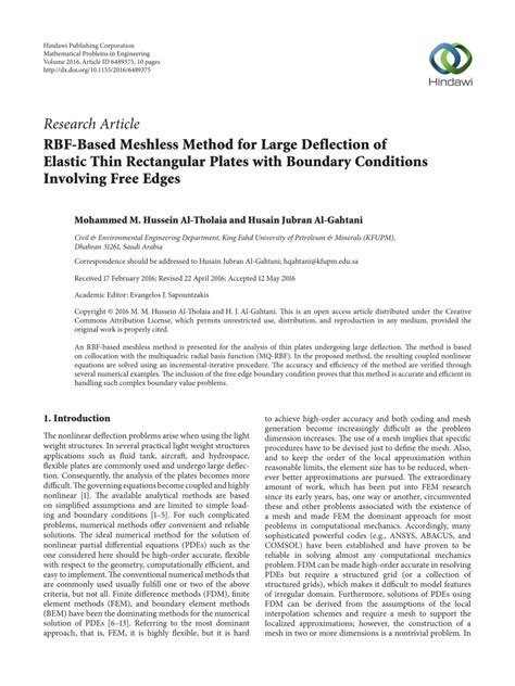 pdf rbf based meshless method for large deflection of elastic thin rectangular plates with