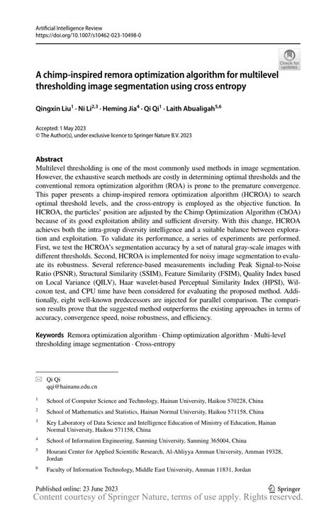 a chimp inspired remora optimization algorithm for multilevel thresholding image segmentation