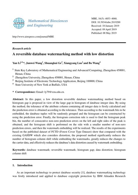 pdf a reversible database watermarking method with low distortion