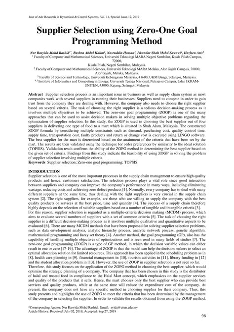 pdf supplier selection using zero one goal programming method