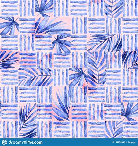 Watercolor Simple Seamless Pattern Blocks Of Tropical Leaves And Lines