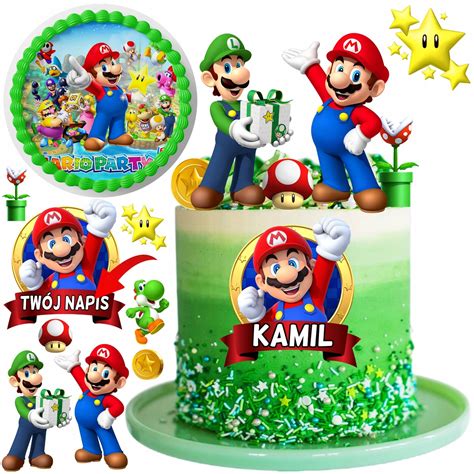 OPŁATEK NA TORT SUPER MARIO BROS POSTACIE I NAPIS OKRĄGŁY 20 CM