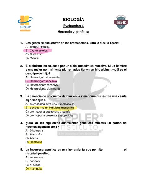 UNAM banco de preguntas biología 4 BIOLOGÍA Evaluación 4 Herencia y