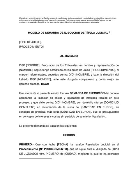Modelo demanda ejecucion titulo judicial Disclaimer A continuación