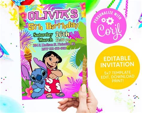 Editable Lilo And Stich Invitation Lilo And Stich Birthday Party