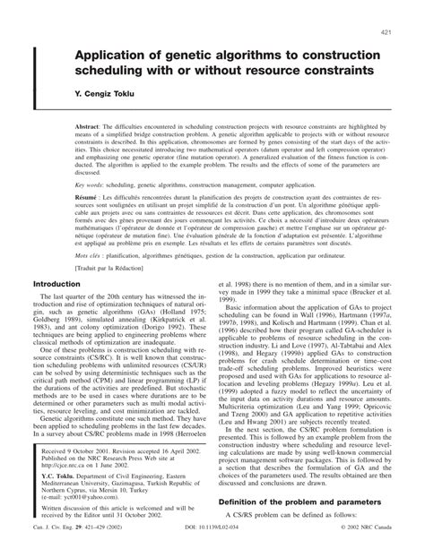 pdf application of genetic algorithms to construction scheduling with or without resource