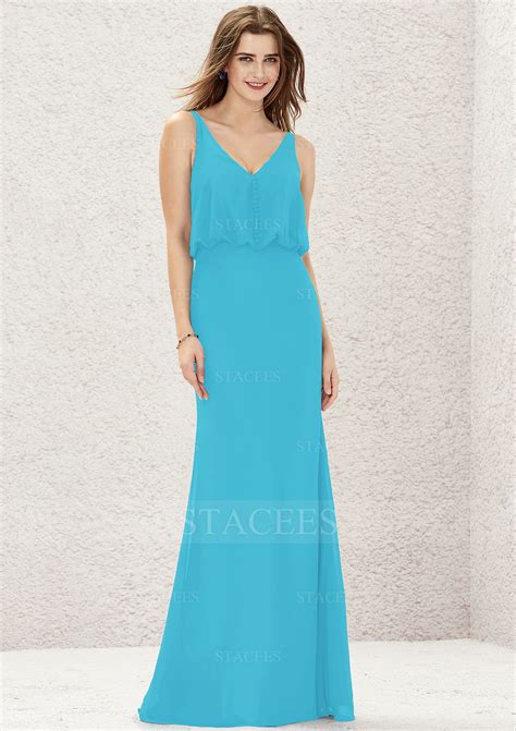 Sheath Column V Neck Long Floor Length Chiffon Bridesmaid Dress