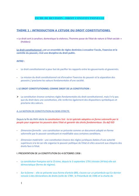 Fiche DE Revision Résumé Droit constitutionnel FICHE DE REVISION