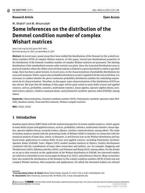 pdf some inferences on the distribution of the demmel condition number of complex wishart matrices