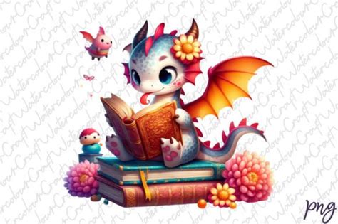 Cute Dragon Reading Sublimation Clipart Graphic By WatercolourCraft