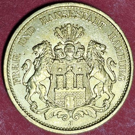 Deutschland Germany Kaiserreich Hamburg 20 Mark Gold 1876 J Freie Und