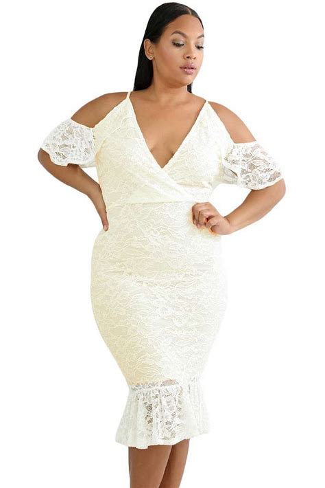 White Plus Size Cold Shoulder Lace Bodycon Dress Women S Clothing