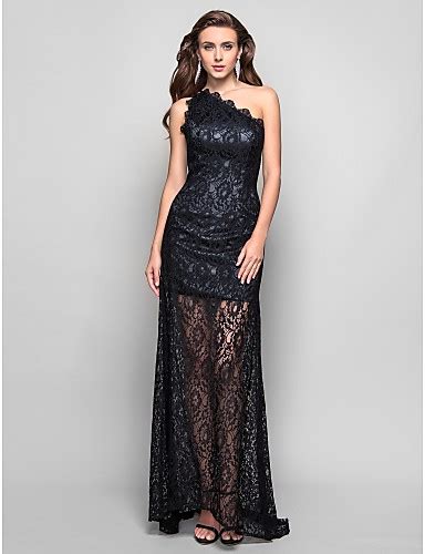 Sheath Column One Shoulder Floor Length Lace Open Back See Through
