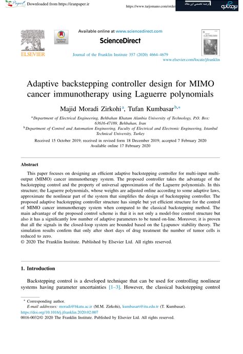 pdf adaptive backstepping controller design for mimo cancer immunotherapy using laguerre