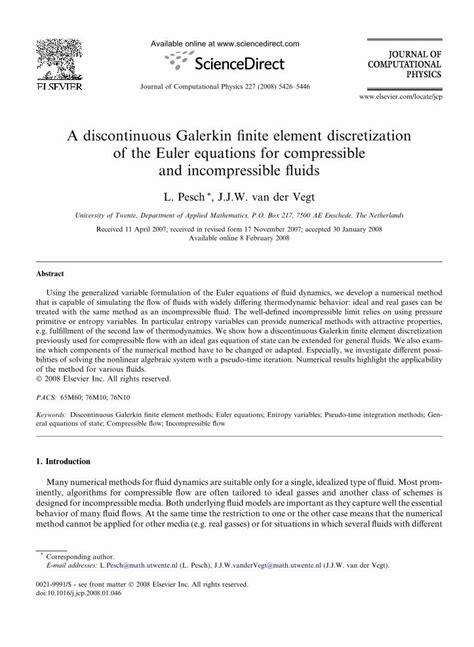 pdf a discontinuous galerkin finite element discretization of the euler equations for