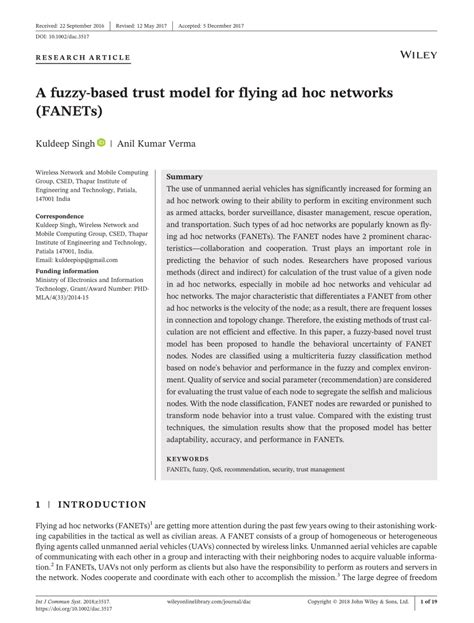 pdf a fuzzy‐based trust model for flying ad hoc networks fanets