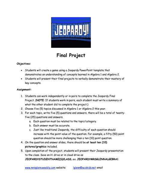 Fillable Online Students Will Create A Game Using A Jeopardy PowerPoint