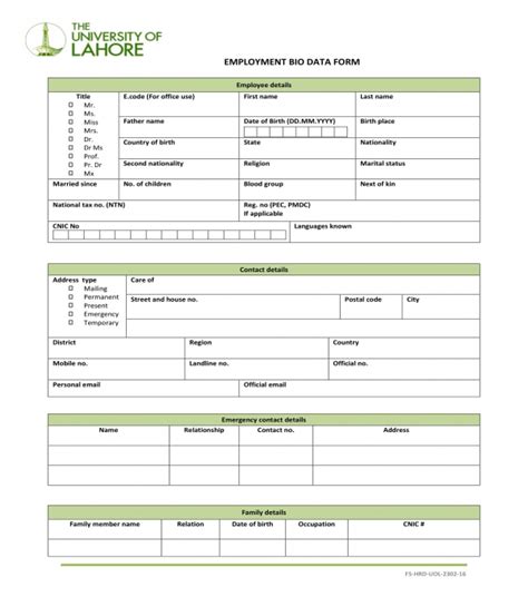 Free Employee Bio Data Form Samples Pdf Ms Word Google Docs