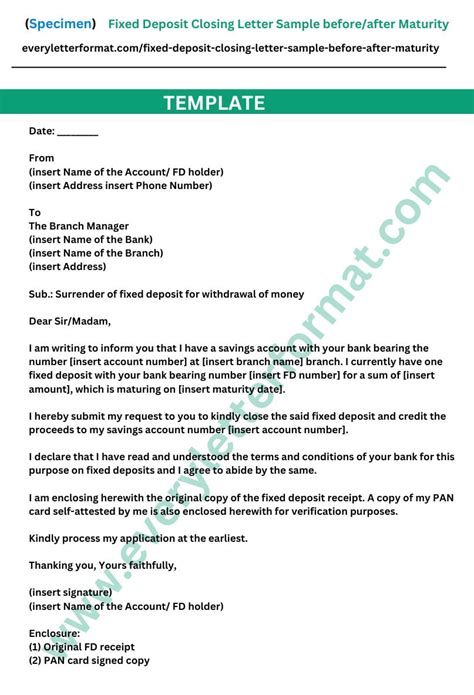 Fixed Deposit Closing Letter Sample Before After Maturity