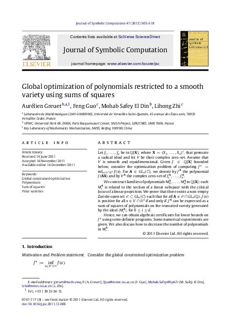 pdf global optimization of polynomials restricted to a smooth variety using sums of squares
