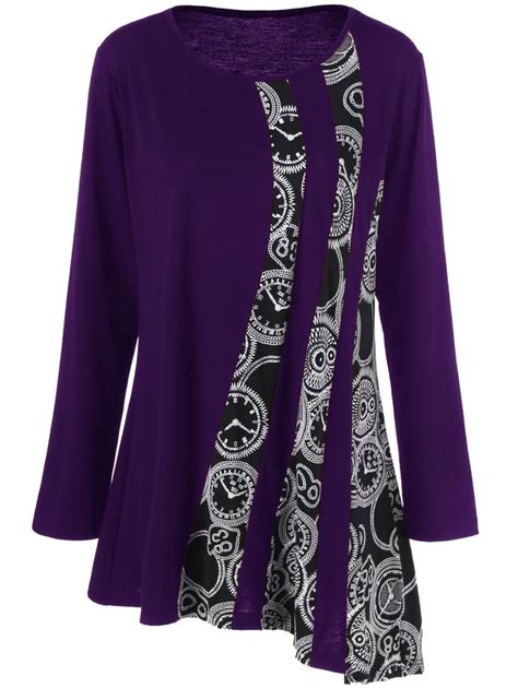 Plus Size Printed Asymmetric Tunic T Shirt Purple 3316424227 Size 5xl Women Long Sleeve
