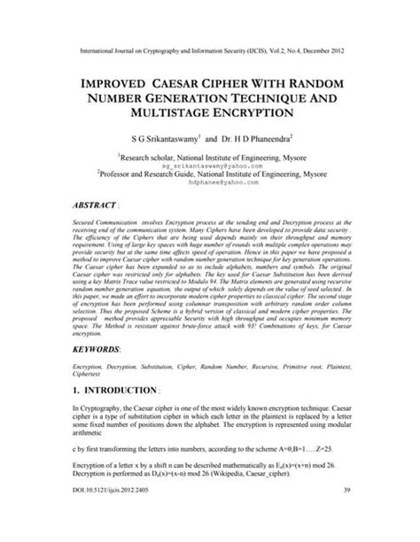 improved caesar cipher with random number generation technique and multistage encryption pdf