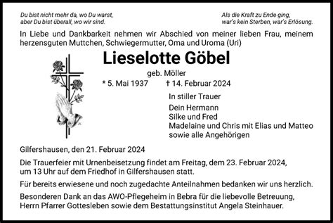 Traueranzeigen von Lieselotte Göbel Trauer HNA de