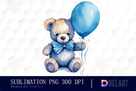 Watercolor Teddy Bear Blue Balloons PNG Clipart