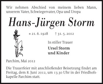 Traueranzeigen von Hans Jürgen Storm Trauer Nordkurier