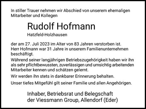Traueranzeigen Von Rudolf Hofmann Trauer Hna De
