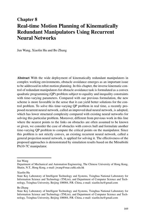 pdf real time motion planning of kinematically redundant manipulators using recurrent neural