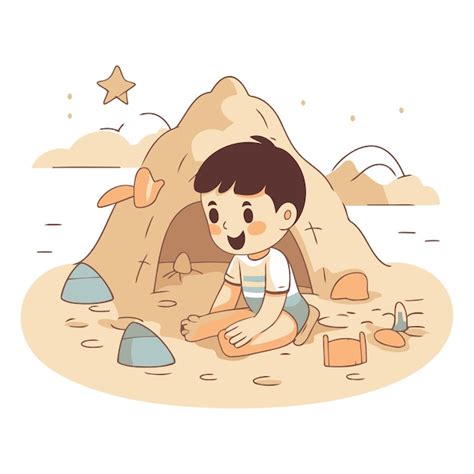 Un niño lindo jugando en un castillo de arena ilustración de dibujos