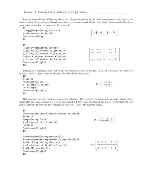 lesson 12 making block matrices in latex name