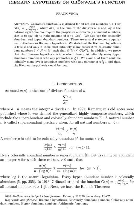riemann hypothesis on grönwall s function mathematics cambridge open engage