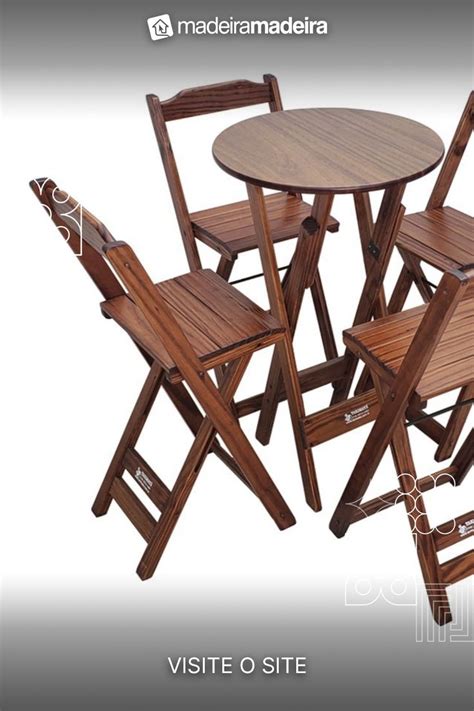 Conjunto Bistrô Mesa Dobrável de Madeira Redonda 4 Banquetas Imbuia