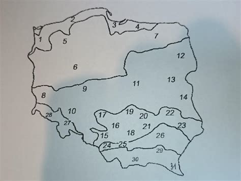 Wypisz podane krainy geograficzne ponumerowane na mapie Polski Zdjęcie