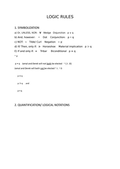 logic rules logic rules 1 symbolization a or unless nor v wedge disjunction p ∨ q b and