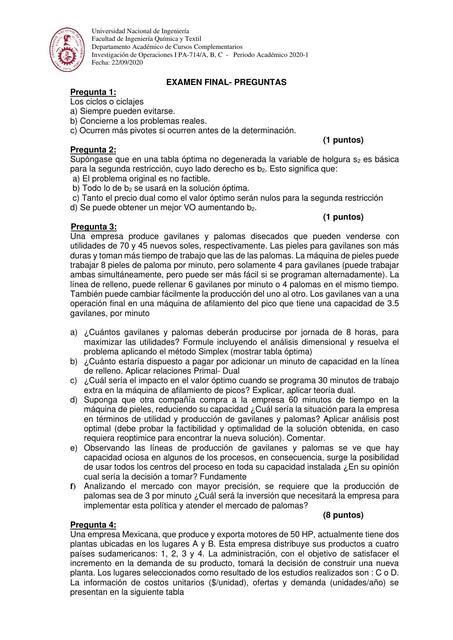 Examen Final Preguntas Investigaci N De Operaciones Study