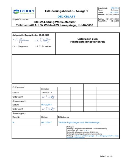 Ausfüllbar Online Anlage 1 DECKBLATT 380 kV Leitung Wahle Mecklar
