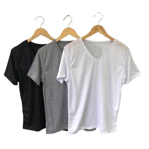 Kit 3 Camisetas Masculinas GOLA V PRETO BRANCO E CINZA MESCLA 100
