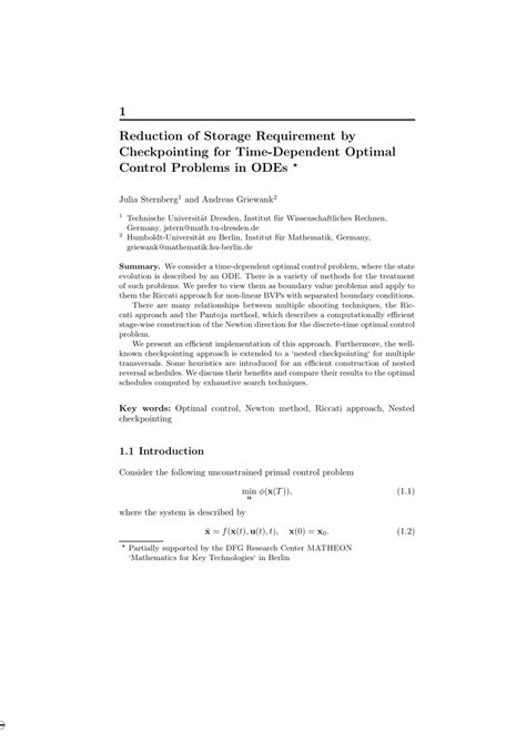 pdf reduction of storage requirement by checkpointing for time dependent optimal control