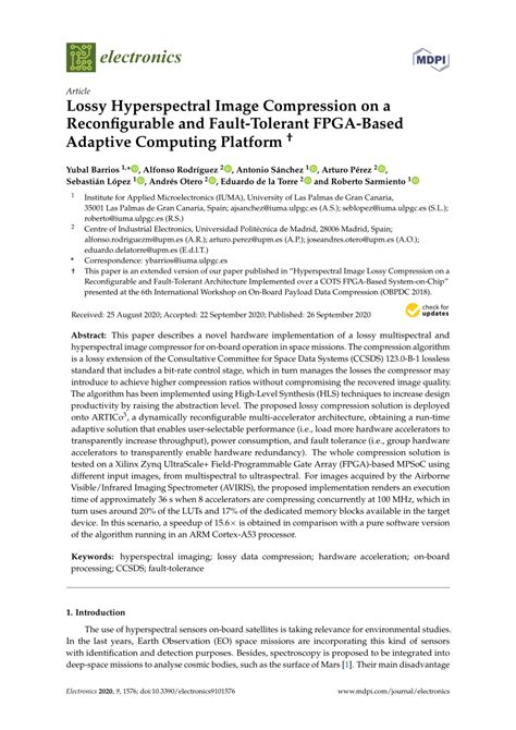 pdf lossy hyperspectral image compression on a reconfigurable and fault tolerant fpga based
