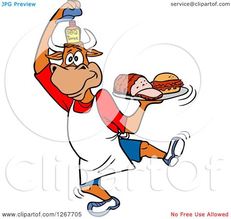 Clipart Of A Chef Bull Lifting His Hat To Show Bbq Sauce And Holding A