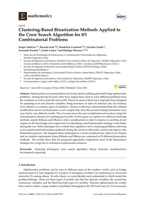 pdf clustering based binarization methods applied to the crow search algorithm for 0 1
