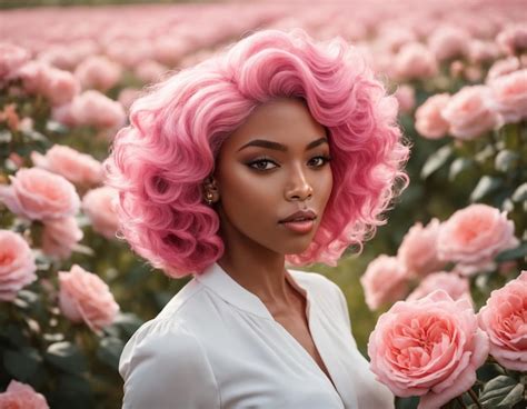 Premium Photo Young Dark Skinned Woman With Curly Pink Hair In The Field Of Pink Roses Ai