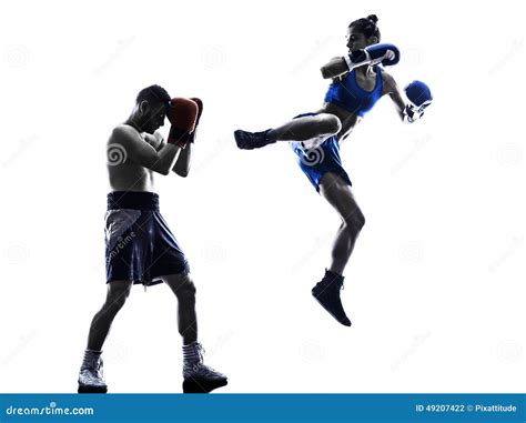 Woman Boxer Boxing Man Kickboxing Silhouette Isolated Stock Photo