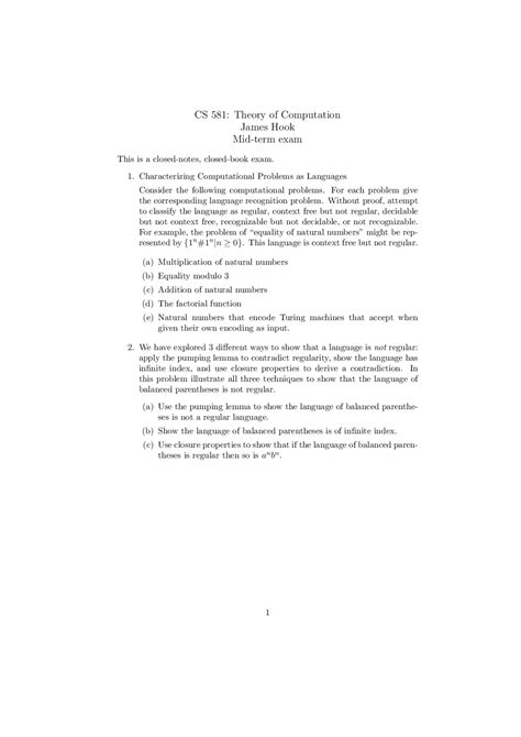 midterm exam problems for theory of computation cs 581 exams computer science docsity