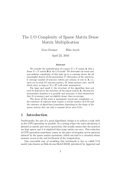 pdf the i o complexity of sparse matrix dense matrix multiplication riko jacob