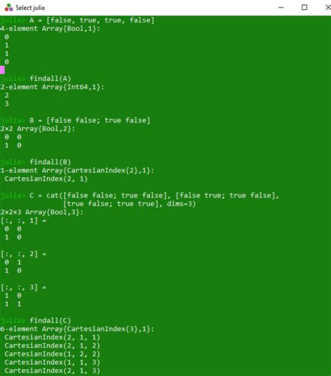 obtenha todos os elementos da array com valores verdadeiros em julia método array findall
