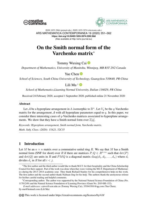pdf on the smith normal form of varchenko matrix